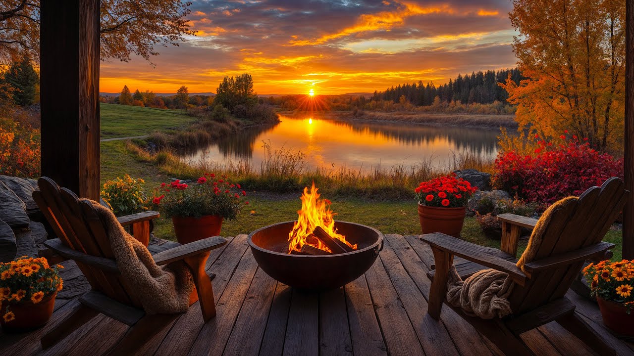 Beautiful Autumn Sunset on Riverside Porch | Cozy Fire Pit & Gentle ...