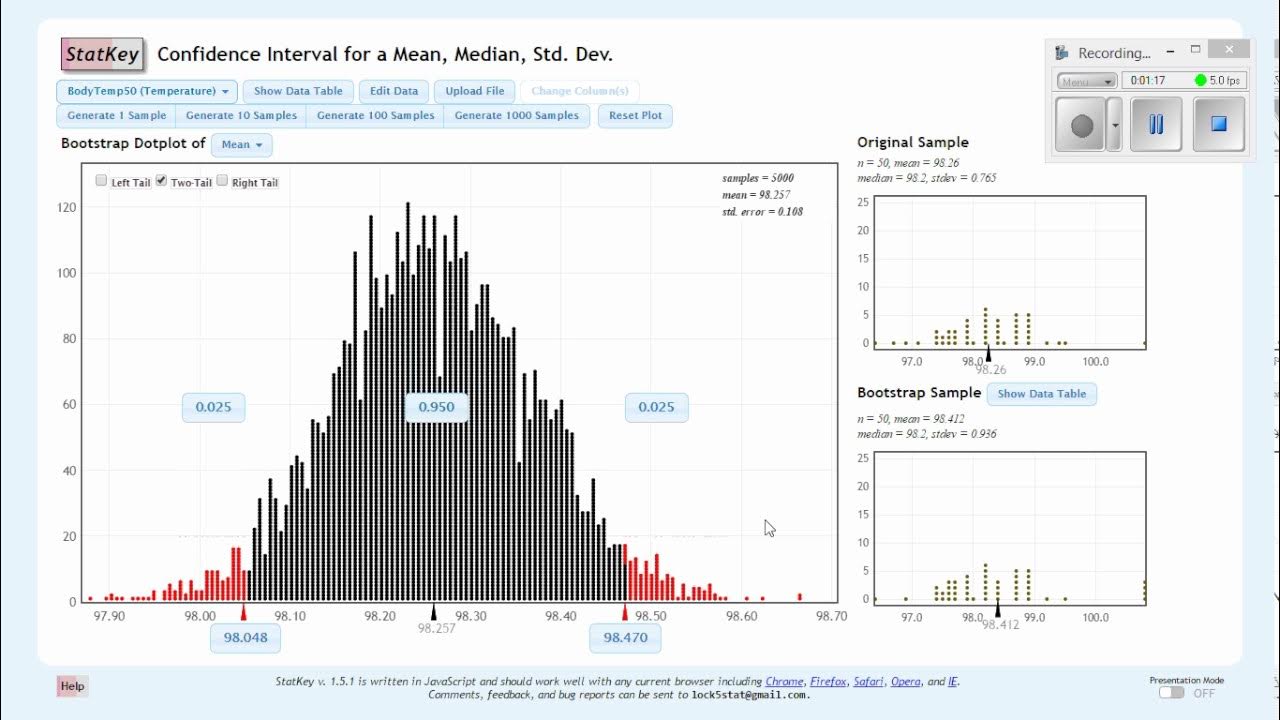 Bootstrap Confidence Intervals using Percentiles section 3 4 Statkey - YouTube