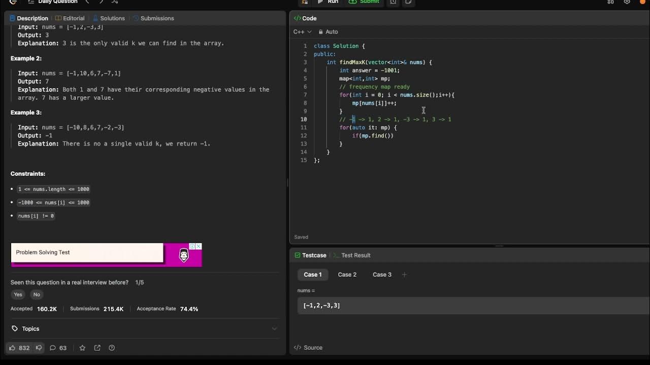 [Leetcode] 2441.Largest Positive Integer That Exists With Its Negative [ In Hindi ] [ C++ ...