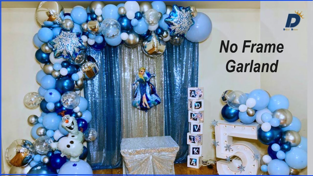 Frozen theme party decoration at home | balloon garland tutorial | name ...
