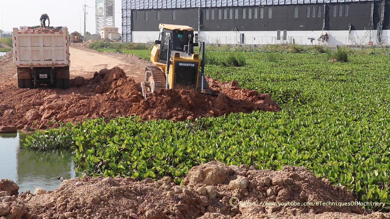 Operator Skill Shantui DH17 B2 Bulldozer Pushing Soil And Dump Trucks ...