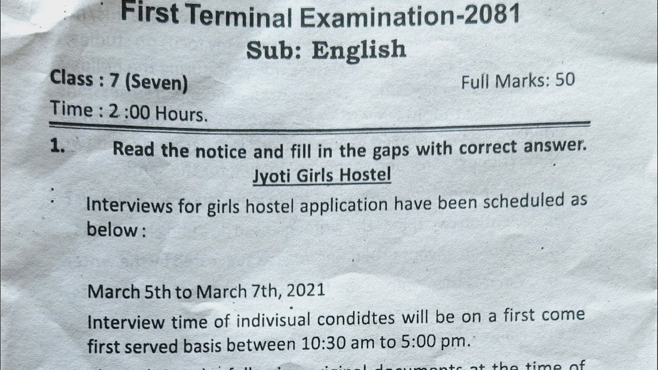 Class 7 English Model Question Paper 2024 || Class 7 Term Exam Paper ...