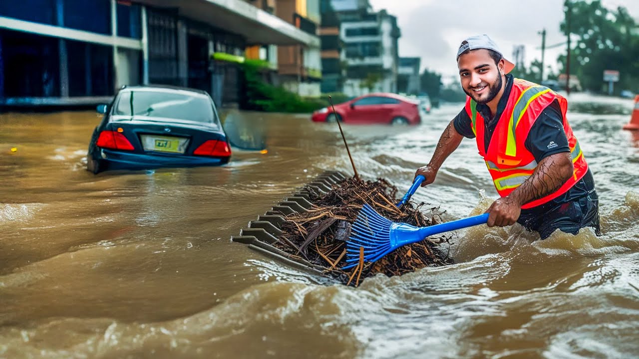Hard Work of Removing All Debris From Flood Drain Grate In City - YouTube