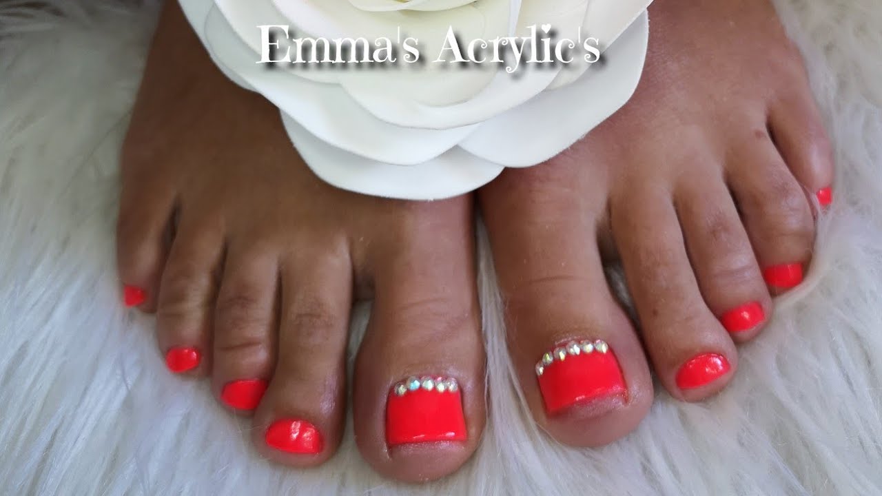Acrylic toe nails, neon with crystals! - YouTube