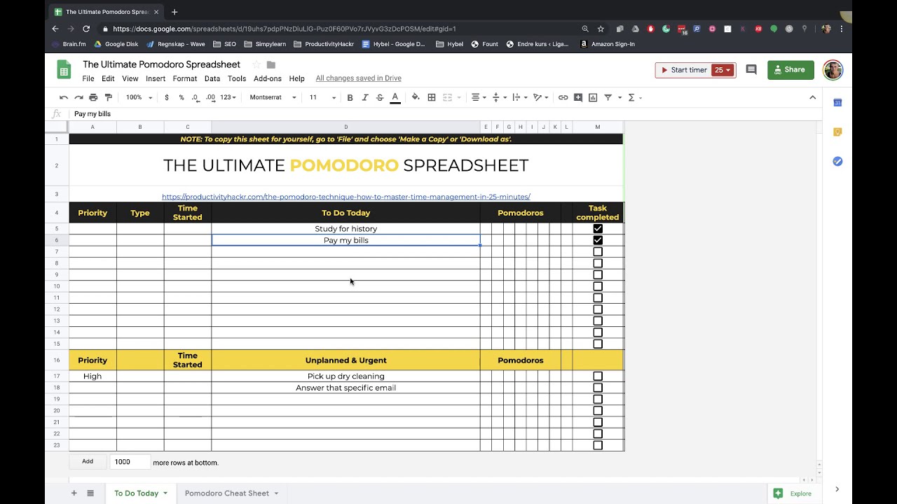 How to use the ultimate pomodoro spreadsheet - YouTube