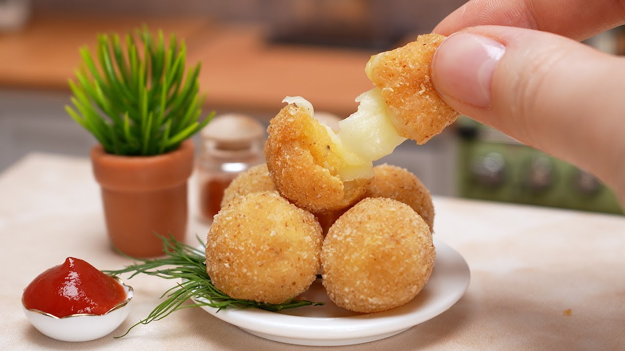 Crispy Miniature Mozzarella Cheese Balls in Mini Kitchen | Tiny Cheese ...