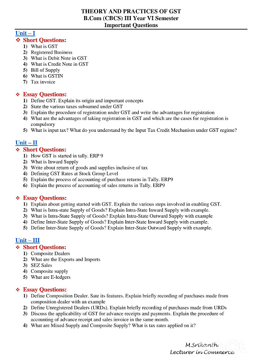 Theory and practice of GST important questions for B.Com 6th Semester ...