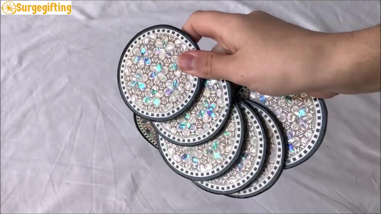 Coasters Set with Holder 7 Pieces 949S13 Seashell Sadaf Mother of Pearl ...