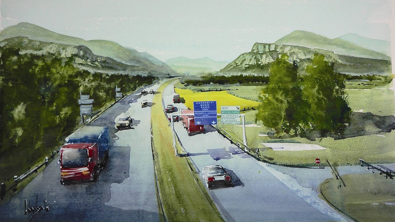 You will see how to paint a landscape with a motorway in watercolor ...