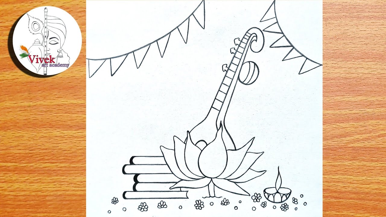 Saraswati Puja Drawing Easy | Vasant Panchami Pencil Drawing | Veena ...