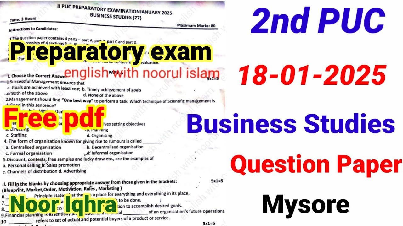 2nd PUC Business Studies Preparatory Exam Question Paper 2025 kseab ...