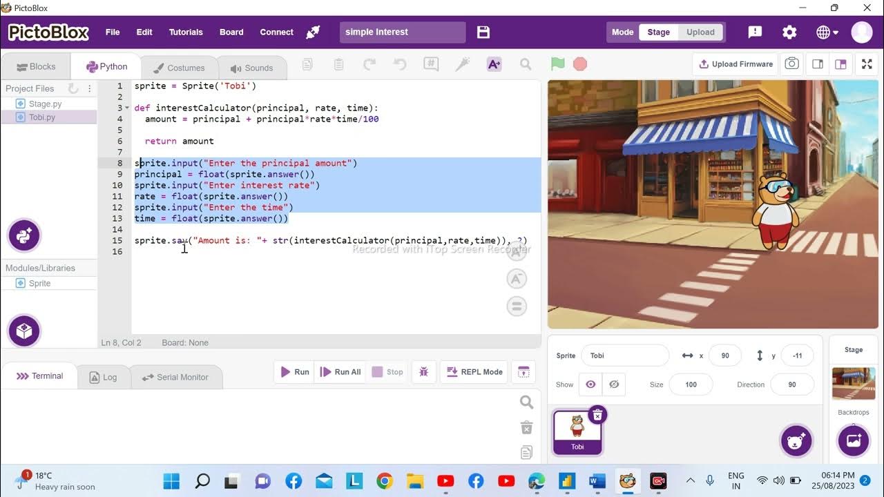 Simple Interest In Pictobloxpython Youtube