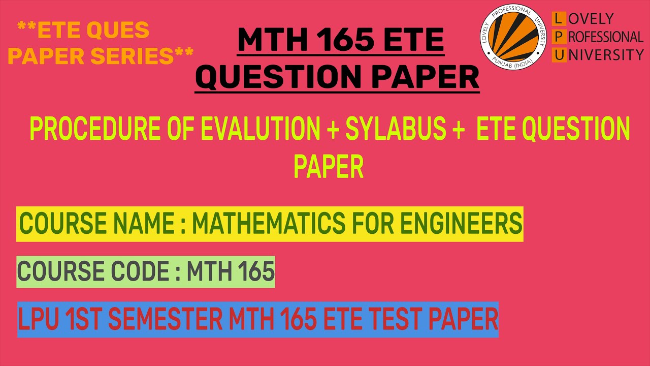 ⚡ETE FULL QUESTION PAPER📃MTH 165 (MCQ Type)⚡ ||MTH 165 || 1st semester ||LPU|| ETE ques paper ...