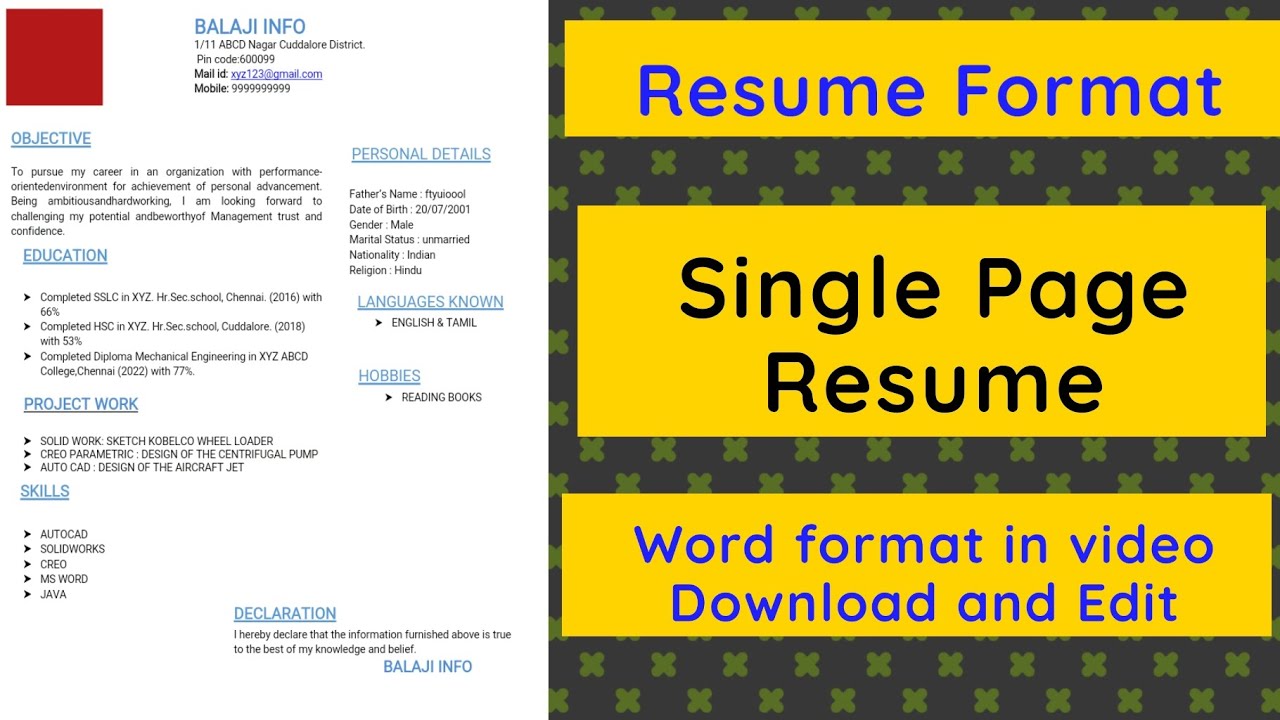 Resume tamil format fresher | Resume format for fresher | tamil ...