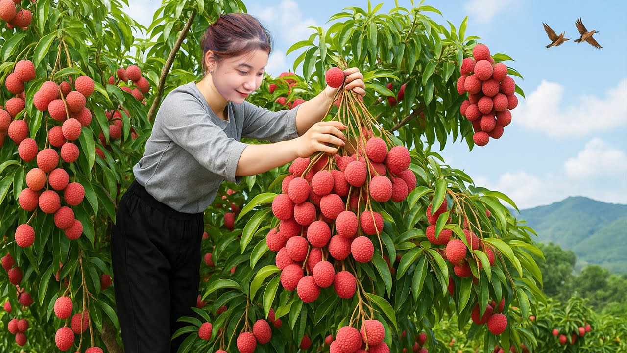 Harvesting Fresh Red Lychee Fruit Goes to market sell, Fresh Fruits and ...