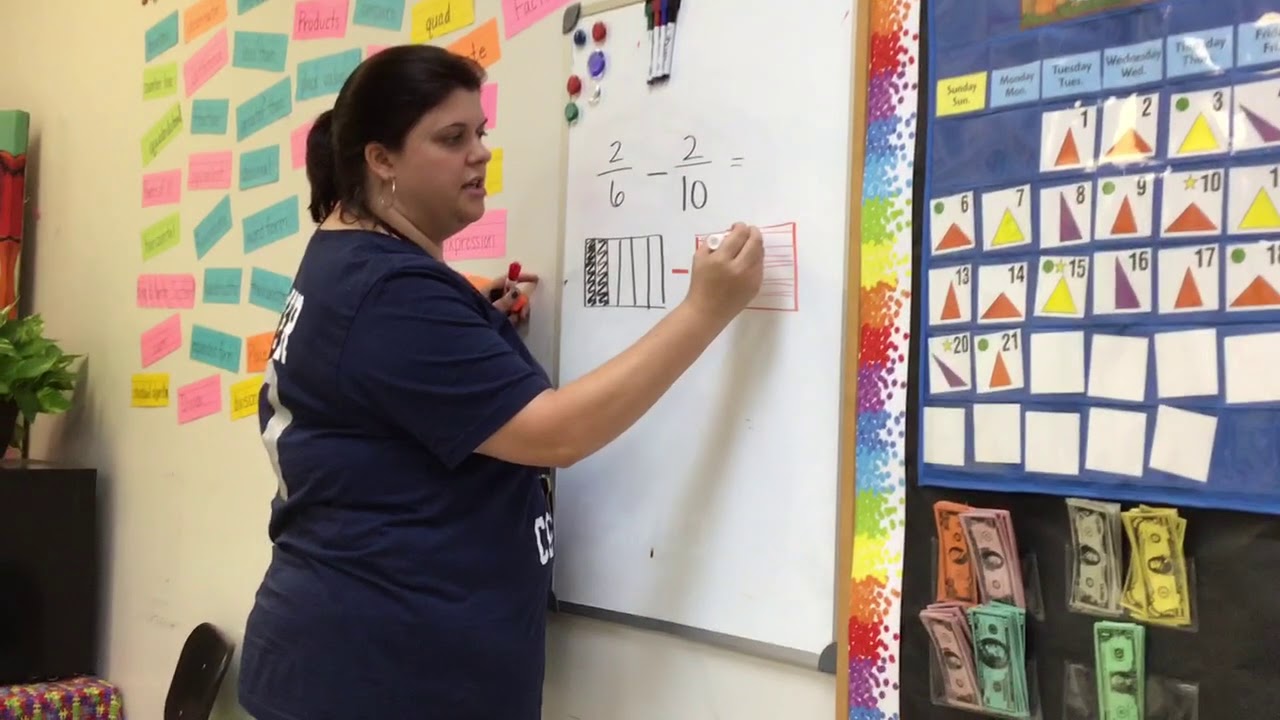 Subtracting Fractions using a model (unlike denominators) - YouTube