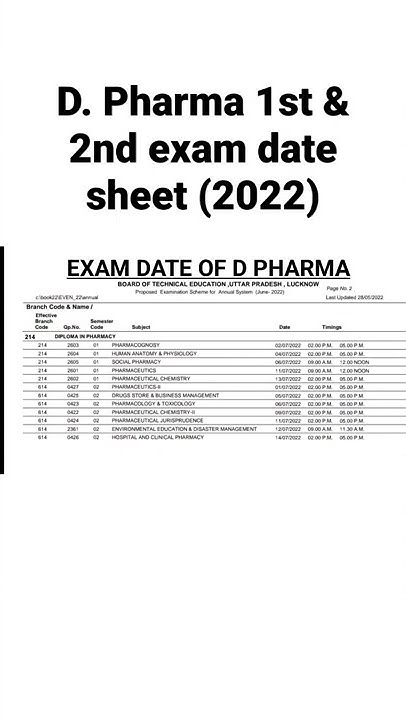 D. Pharma exam date sheet 2022 (1st & 2nd year) - YouTube