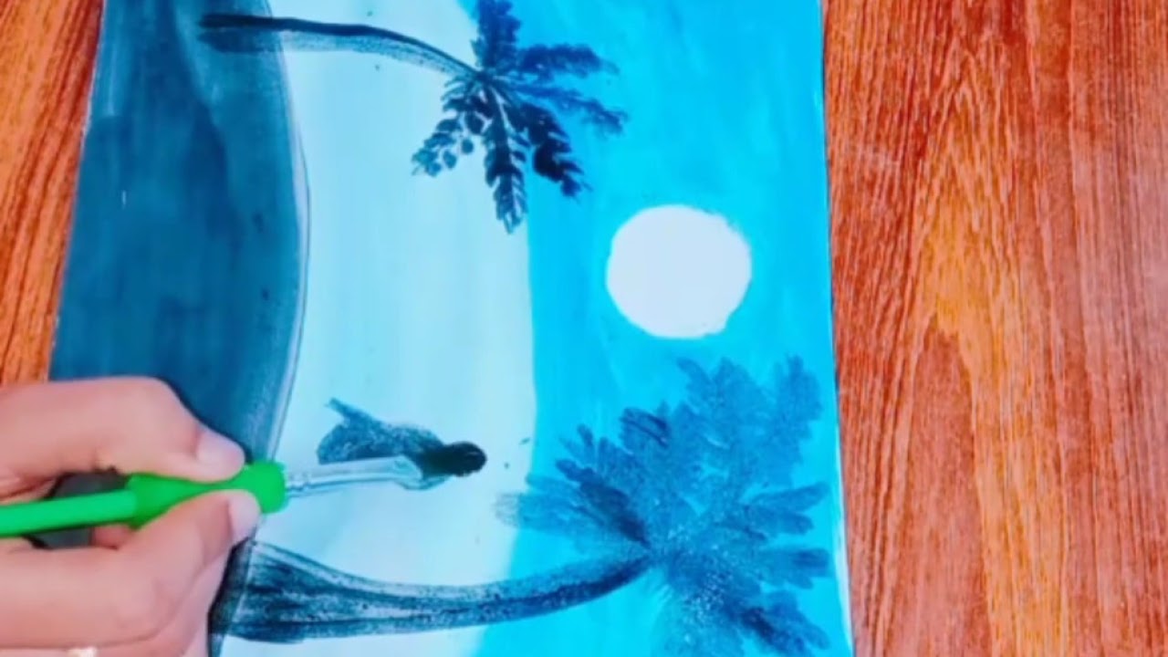 How to Draw a beautiful moonlight scenery with watercolours - step by ...