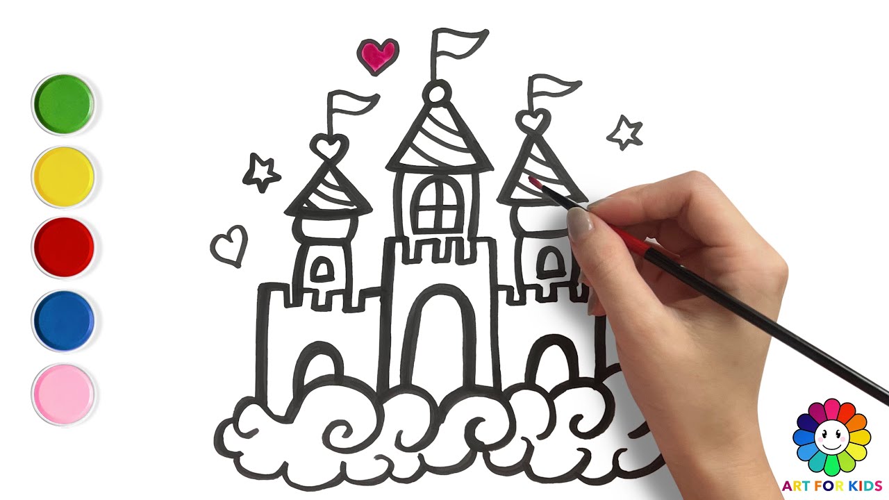 HOW TO DRAW A PRINCESS CASTLE IN THE CLOUDS FOR KIDS - EASY STEP BY ...