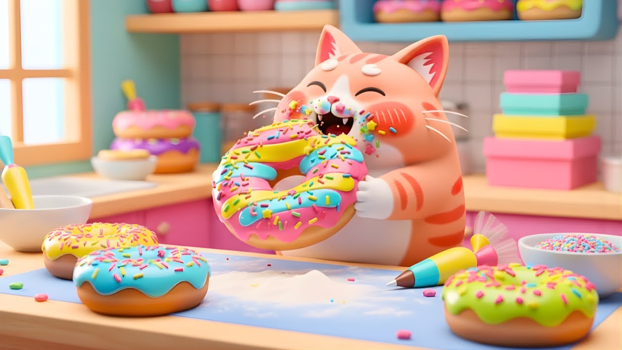 Doraecute Cat Makes Big Colorful Donuts and Eats Them Happily - YouTube