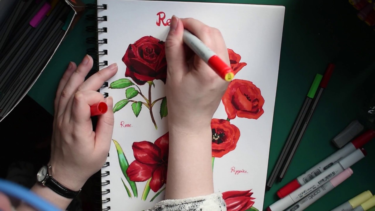 DRAWING RED FLOWERS (Copic marker illustration) - YouTube
