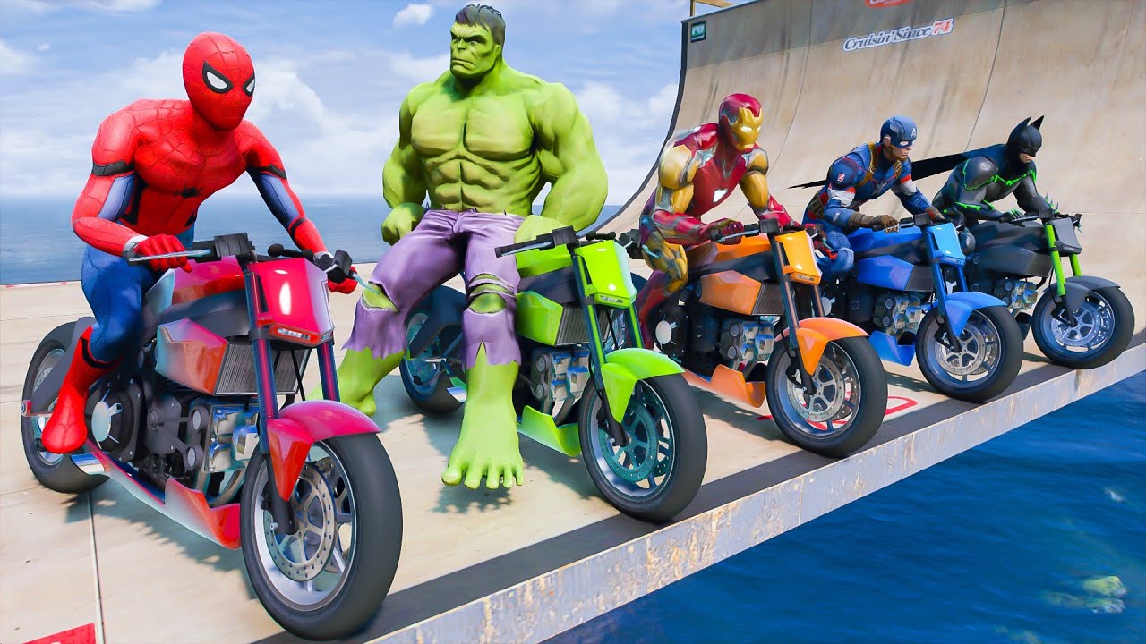 SUPERHEROES ON A MOTORBIKE WITH SPIDERMAN - DANGEROUS MULTIPLE LOOP ...