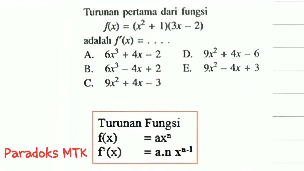 Turunan Pertama Dari Fungsi F x x 1 3x 2 Adalah F x YouTube turunan-pertama-dari-fungsi-f-x-x-1-3x-2-adalah-f-x-youtube