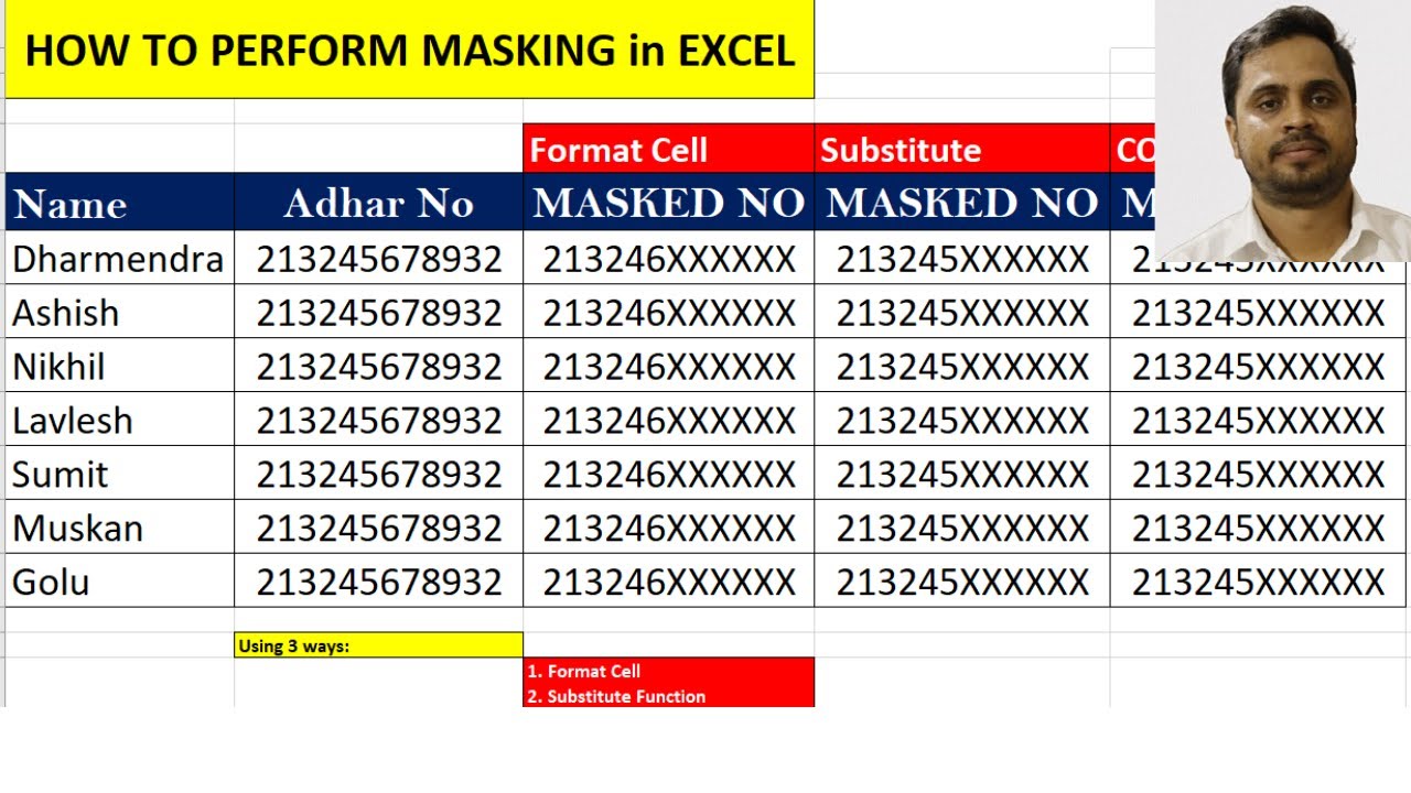 How To Perform Masking In Excel Masking Using Format Cells Substitute And Concat Masking