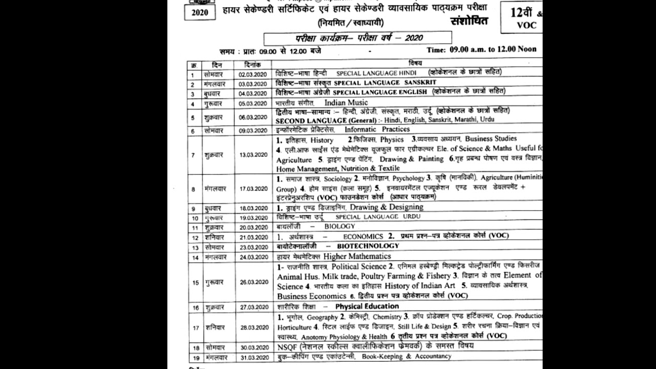 MP Board 12th Time table 2020 - YouTube