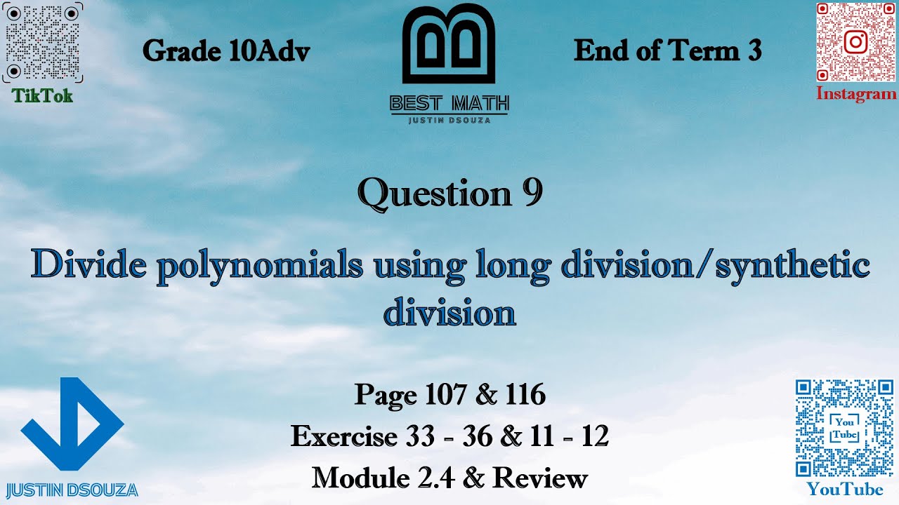 Divide polynomials using long division or synthetic division | Q9 P2 ...
