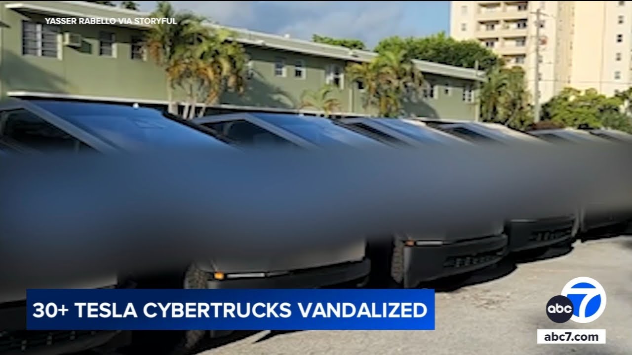 Parking lot full of Cybertrucks spray-painted with anti-Musk graffiti ...