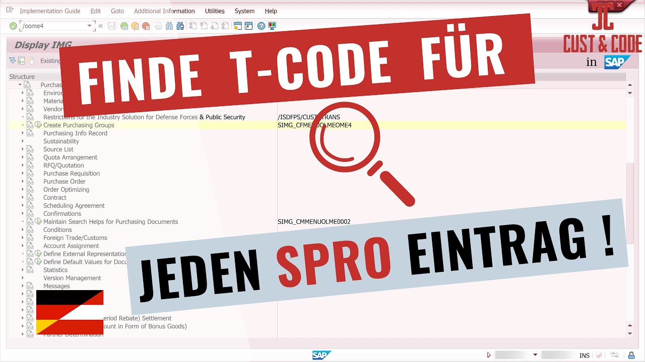 Finde T-Code für jeden SPRO (IMG) Eintrag [deutsch] - YouTube