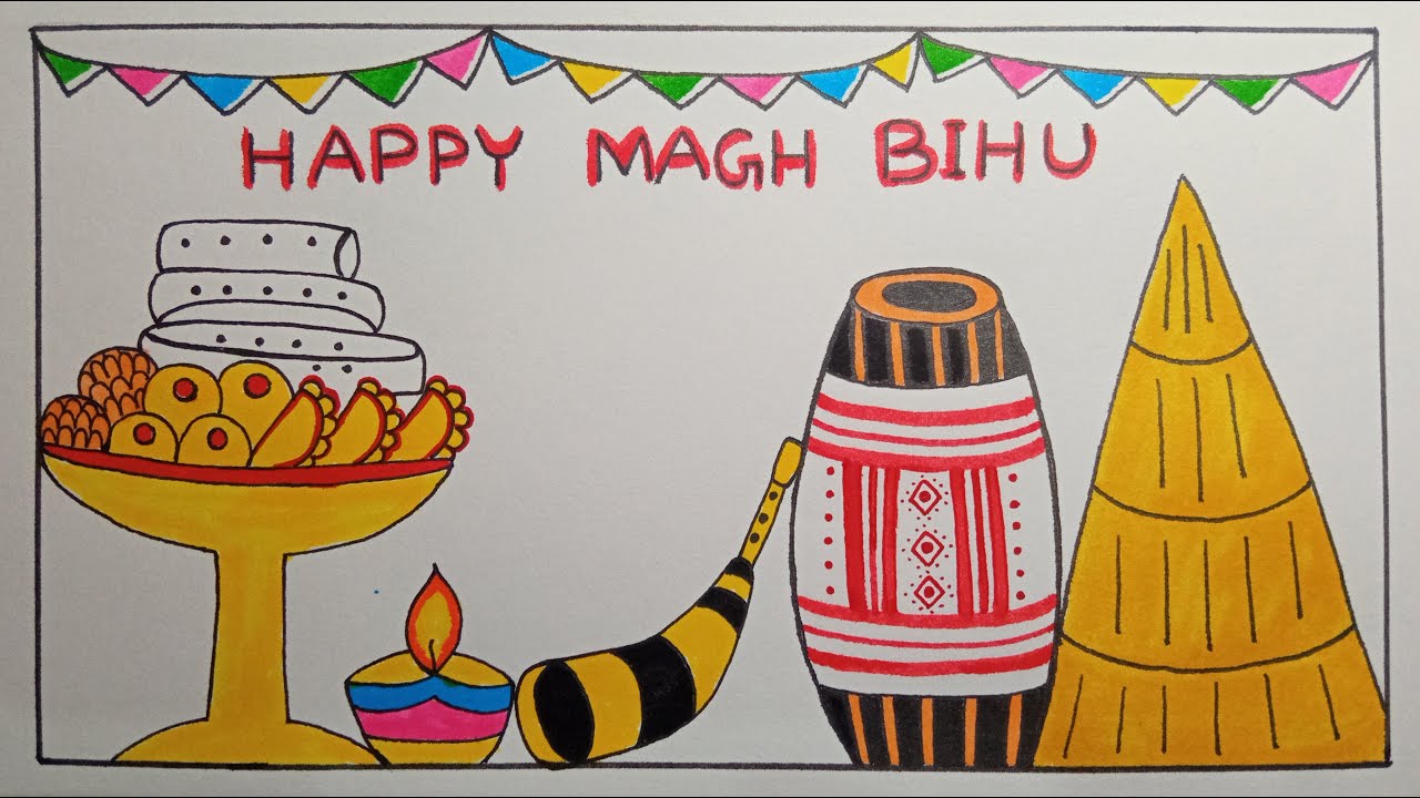Magh Bihu Festival Drawing/How to draw Magh Bihu Festival Step by Step ...