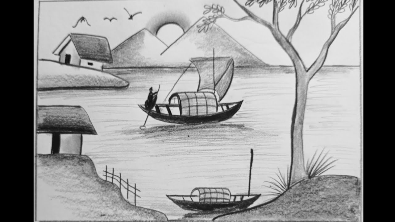 How to draw river scenery drawing with pencil - YouTube
