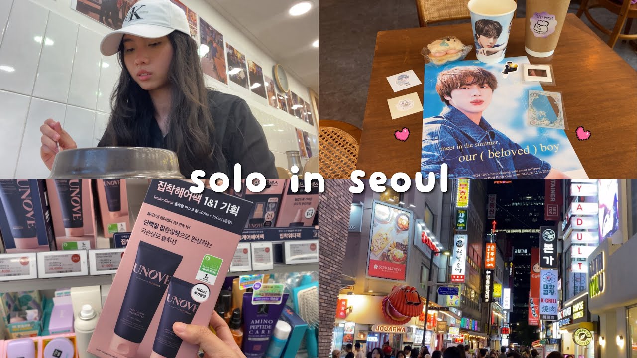 [korea vlog] solo traveling! myeongdong, olive young, bts jin cafe event, what i eat, shopping ...