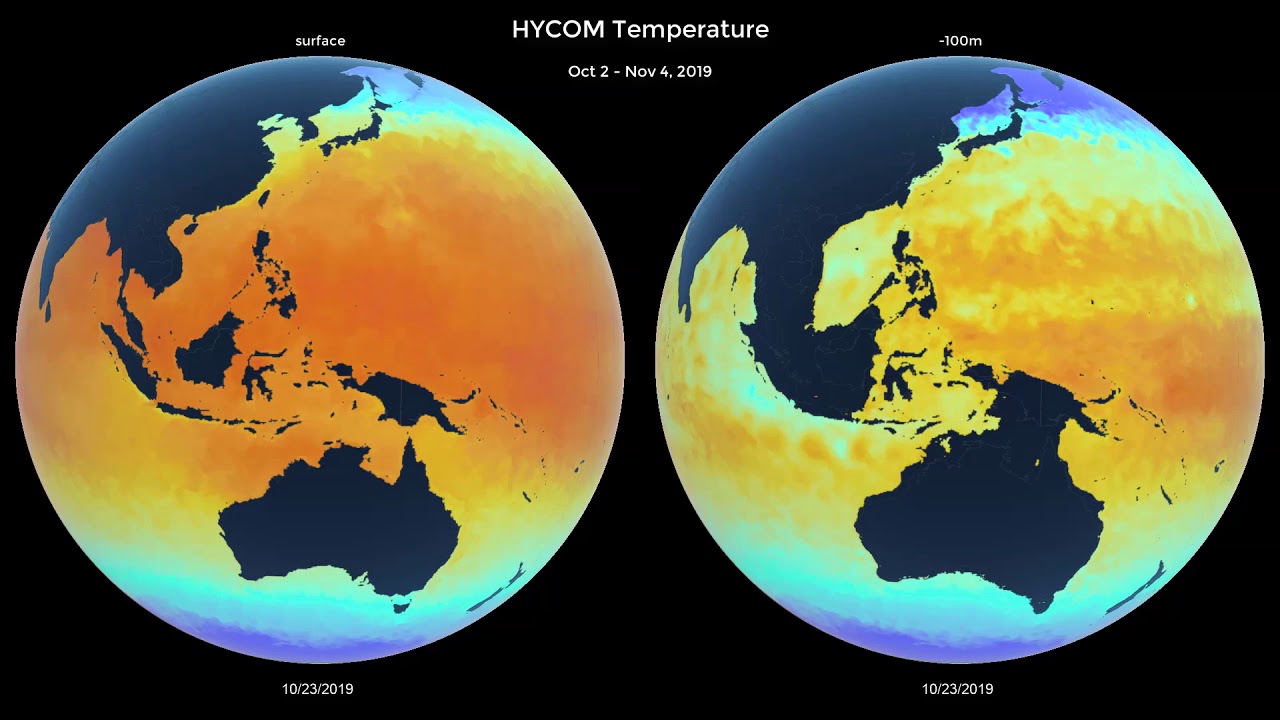 HYCOM - Ocean Temperature at 0m and 100m - YouTube