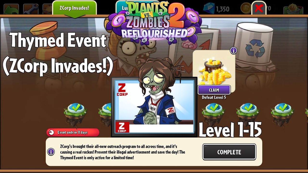 PvZ2 Reflourished - Thymed Event: ZCorp Invades!, Level 1-15 - Gameplay - YouTube