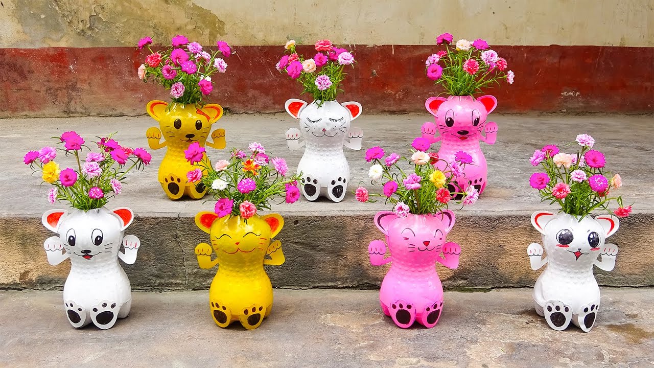 Diy Garden Ideas, Recycle Plastic Bottles into Cats Flower Pots For ...