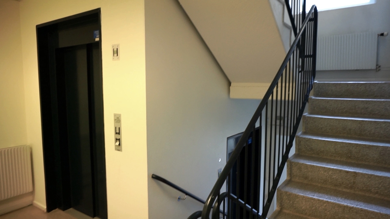 1990s Deve Schindler holeless hydraulic elevator with 90 degree doors ...