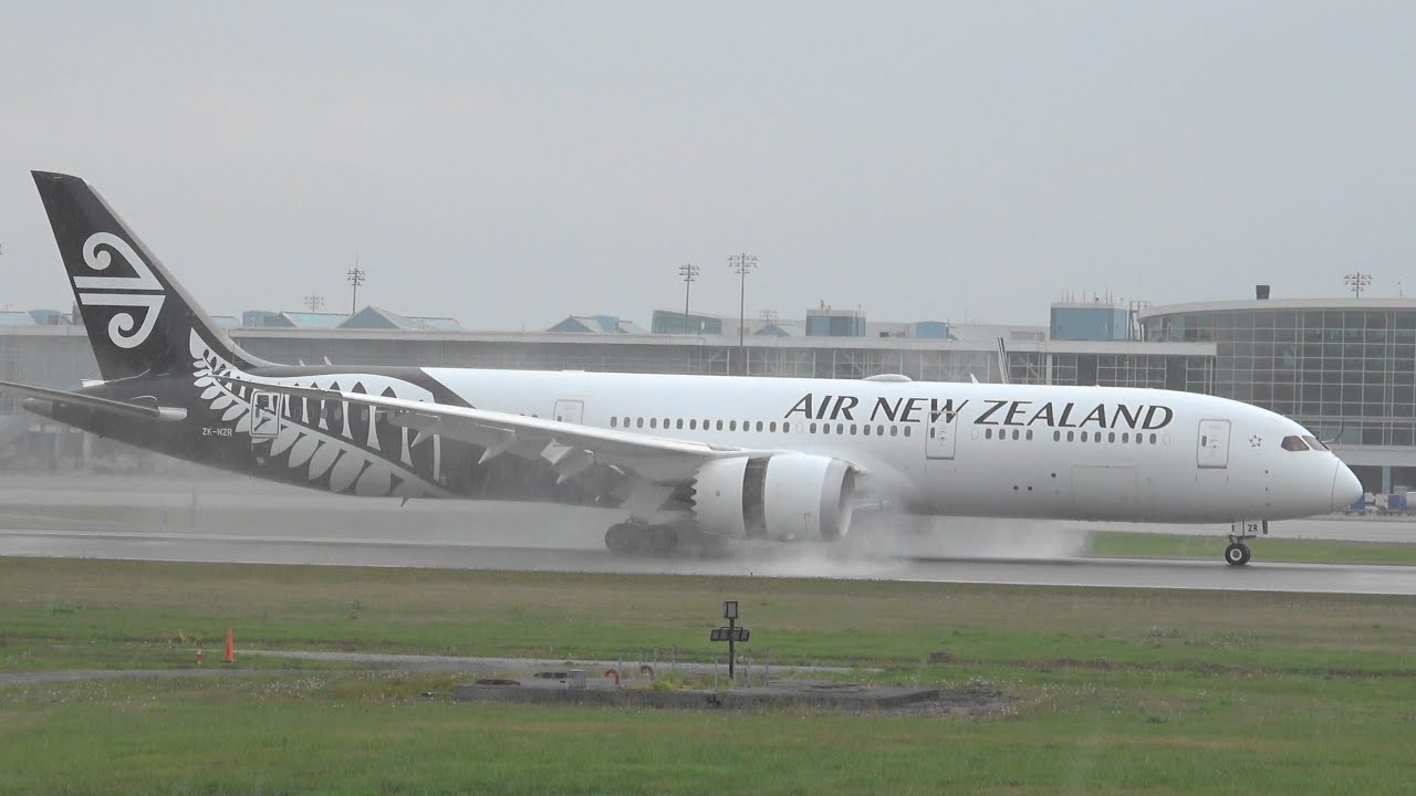 Boeing 787 landing and reverse thrust in light rain - YouTube