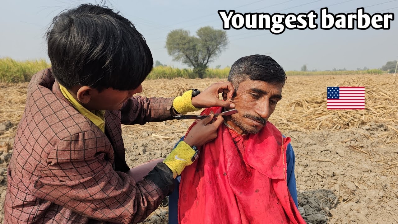 Youngest barber giving hardest shave to poor labour man - YouTube