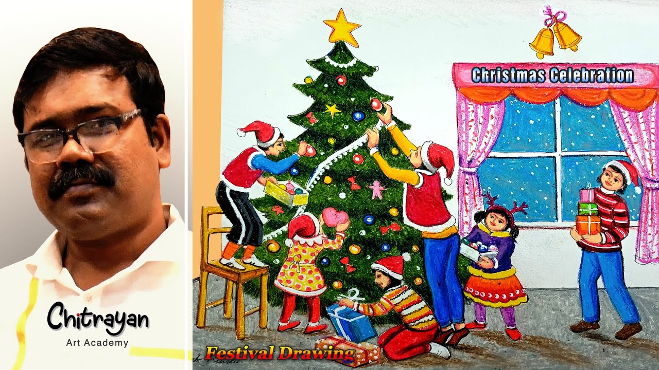 Christmas Drawing Step By Step | Christmas Celebration Drawing Oil ...