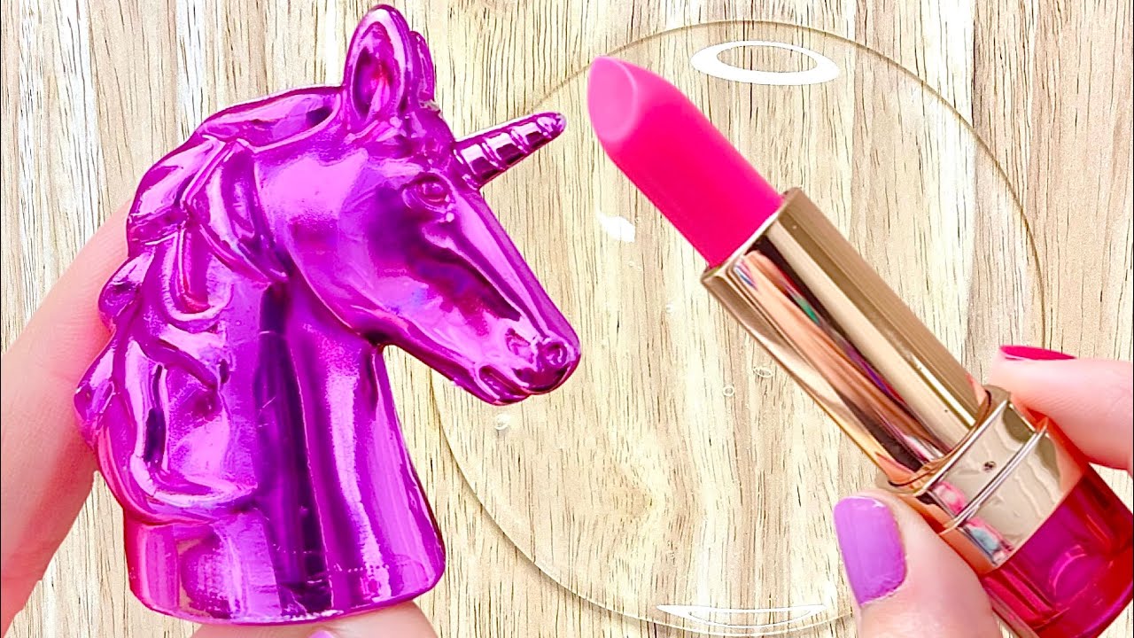 UNICORN Slime Mixing!! LIPSTICK Satisfying Makeup Slime Coloring!! #200 ...