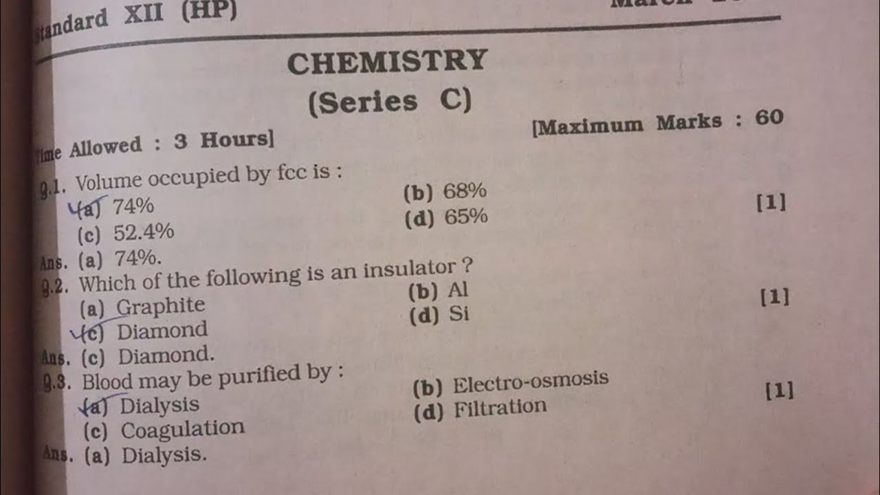 H.P. Board 12th Class (Chemistry) 2018 -C Fully Solved Question Paper # ...