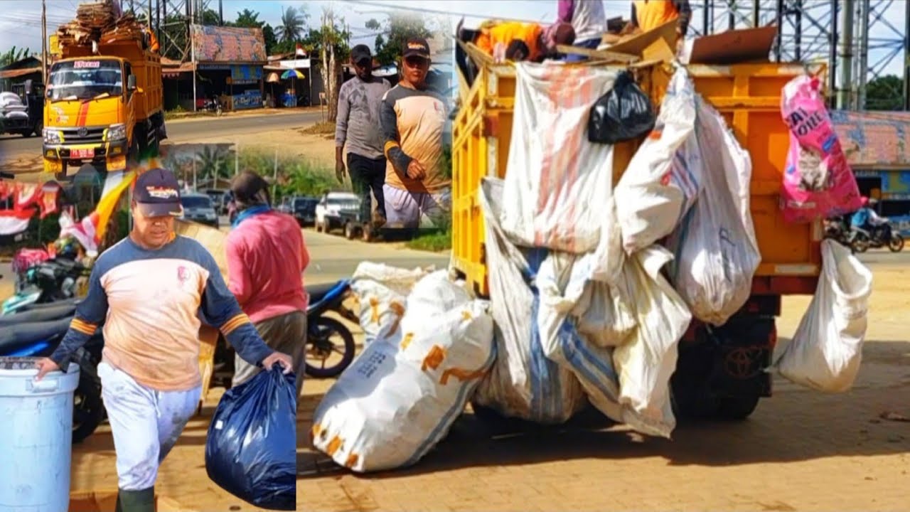 Garbage trucks on route in action cleaning city trash - YouTube