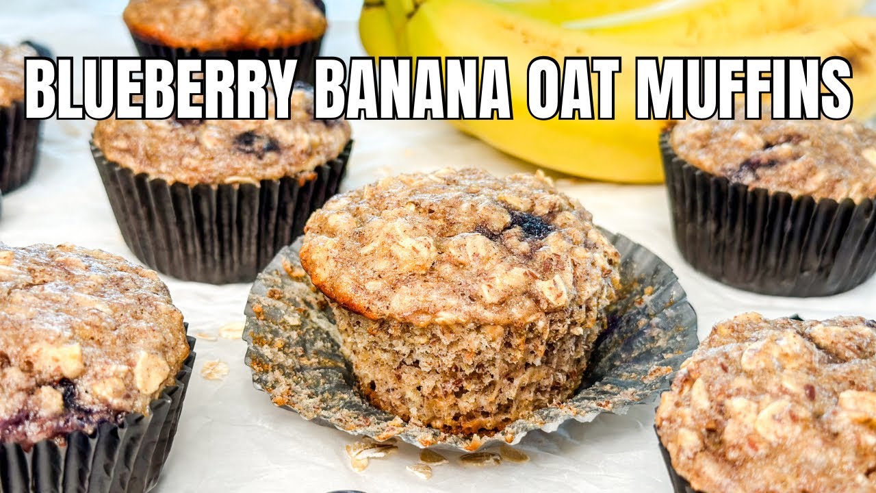 Blueberry Banana Oat Muffins (high in fiber, healthy) - YouTube