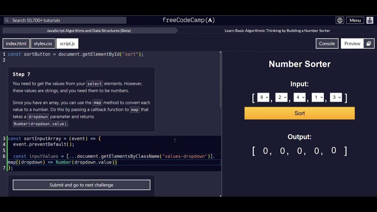 Freecodecamp Number sorter Javascript lesson STEP 7 8 & 9. - YouTube