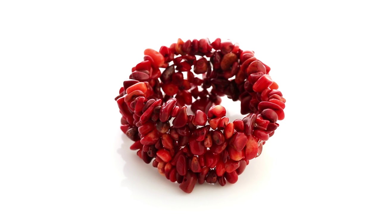 Red Coral Chip Stone Wide Chunky Cluster Multi Strand Stretch Bracelet ...