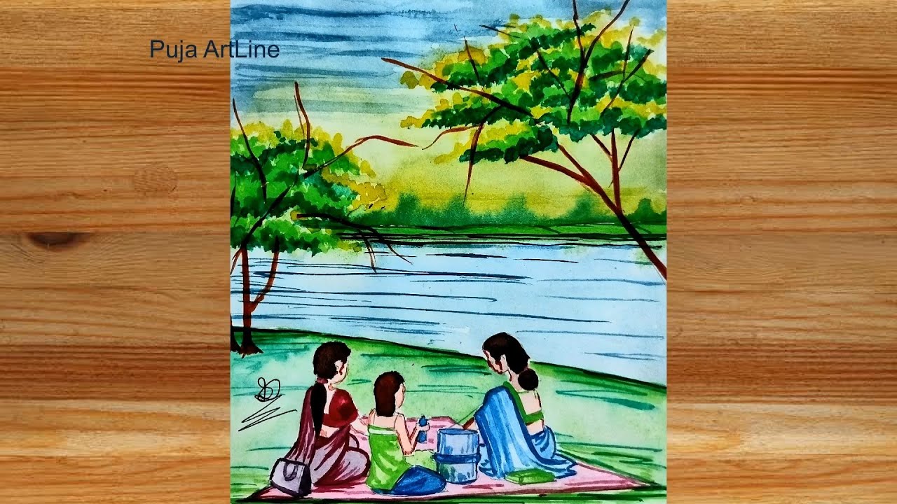 New year Picnic Scenery steps/How To Draw A Family Picnic Scenery ...