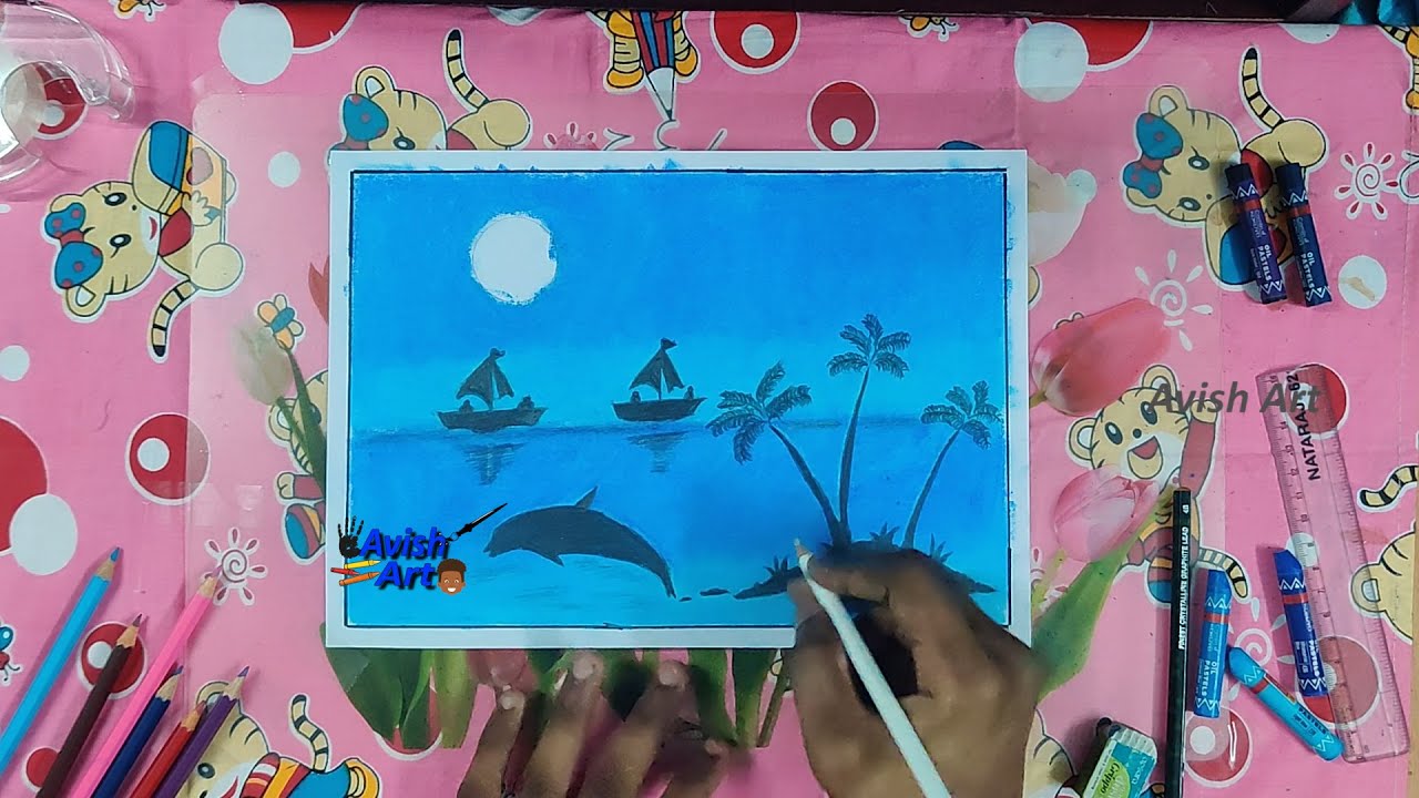 Nature Scenery Drawing with Crayons | Wax Crayon Art | - YouTube